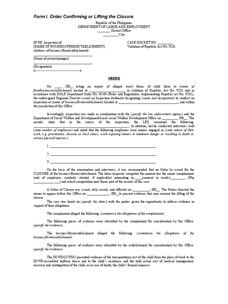 Form I. Order Confirming or Lifting The Closure | Download Free PDF ...