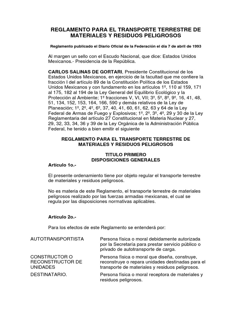 Reglamento para El Transporte Terrestre de Materiales y Residuos Peligrosos | PDF | Combustión ...