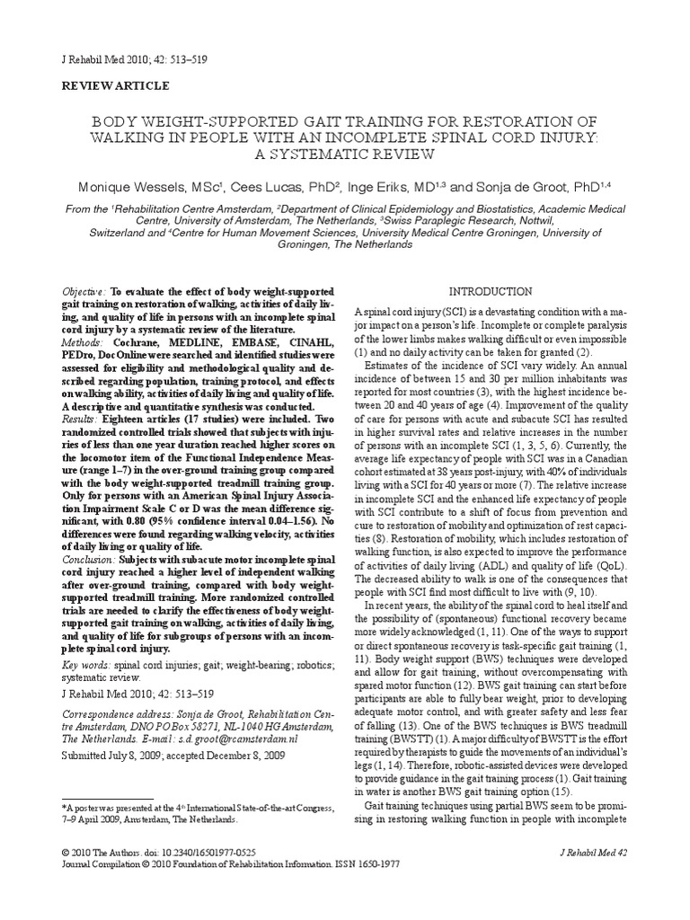 Body Weight-Supported Gait Training For Restoration of Walking in ...