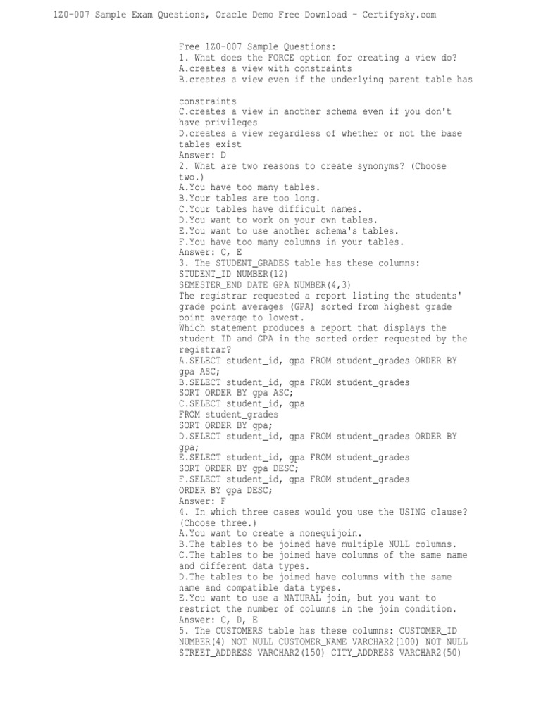 1Z0-007 Sample Exam Questions, Oracle Demo Free Download - Certifysky - Com | PDF | Sql | Data