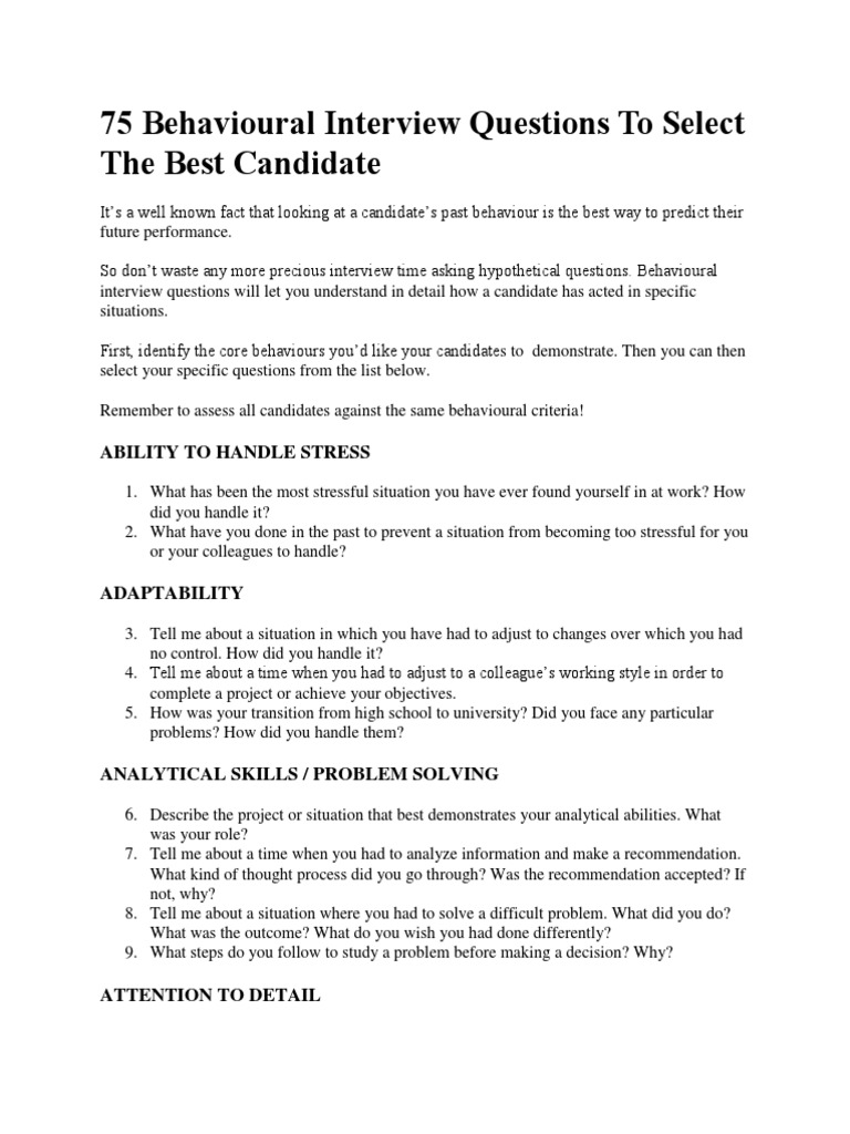 75 Behavioural Interview Questions | PDF | Competence (Human Resources ...
