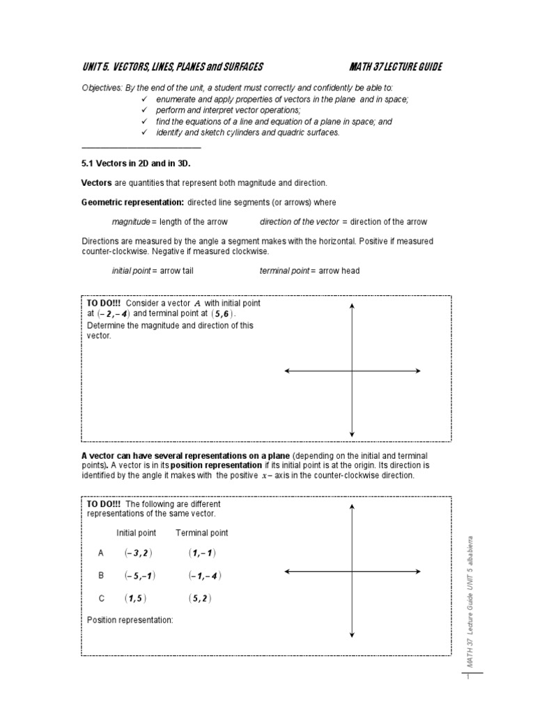 Unit 5. Vectors, Lines, Planes and Surfaces Math 37 Lecture Guide | PDF | Euclidean Vector ...