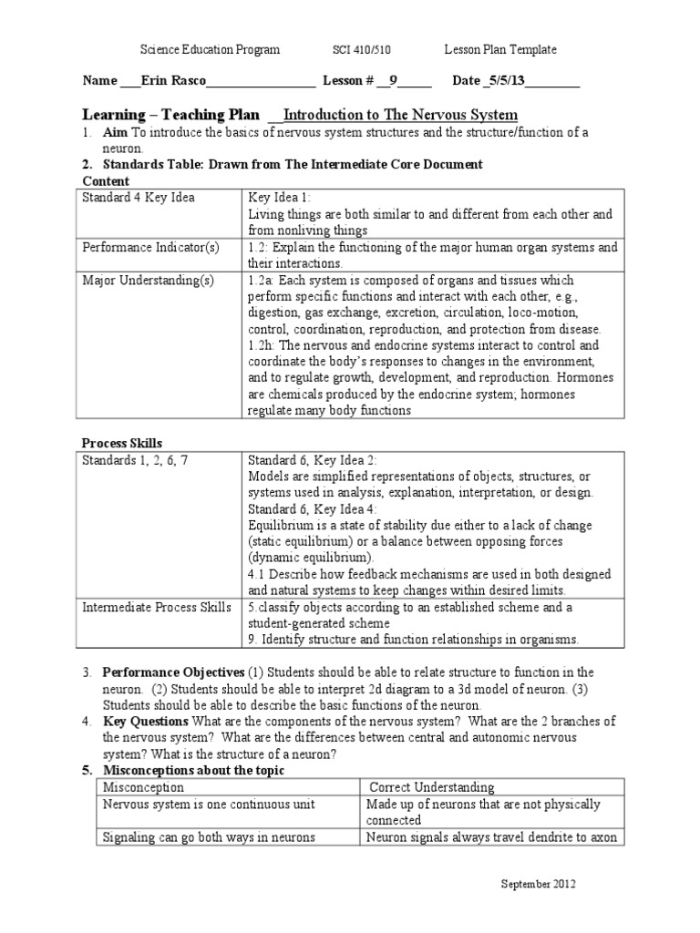 Lesson Plan Nervous System | Nervous System | Autonomic Nervous System