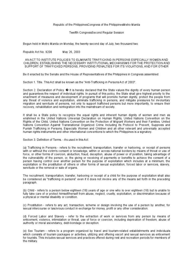 RA 9208 | Human Trafficking | Sexual Slavery