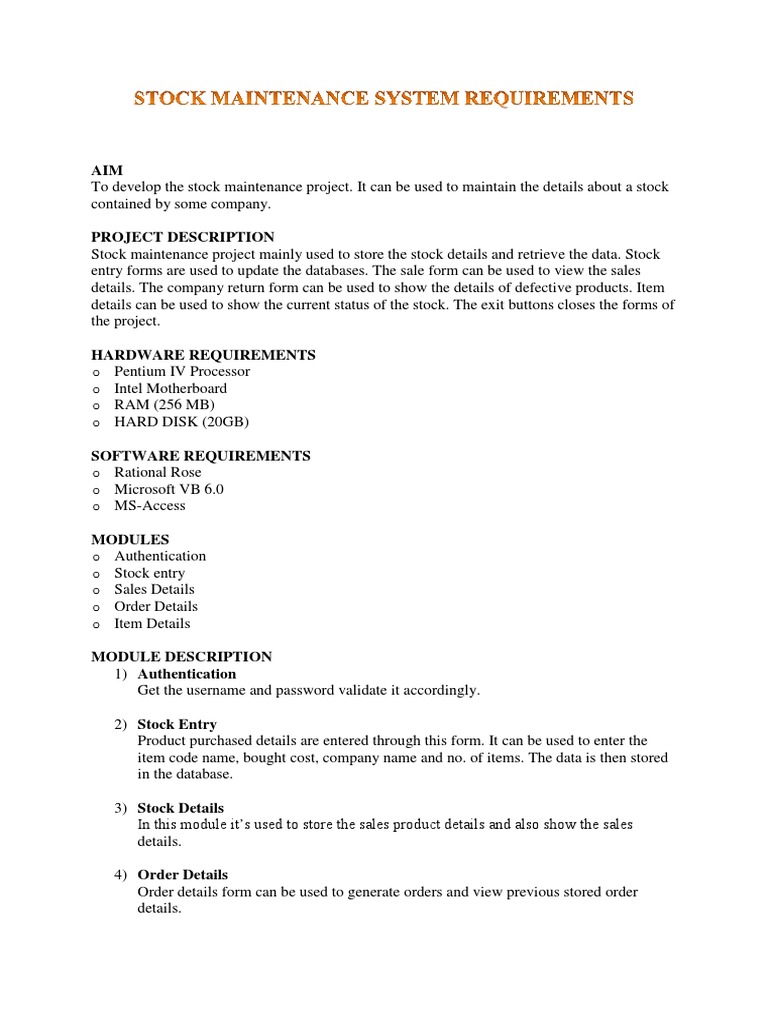 Stock Maintenance System Overview | PDF | User (Computing) | Databases