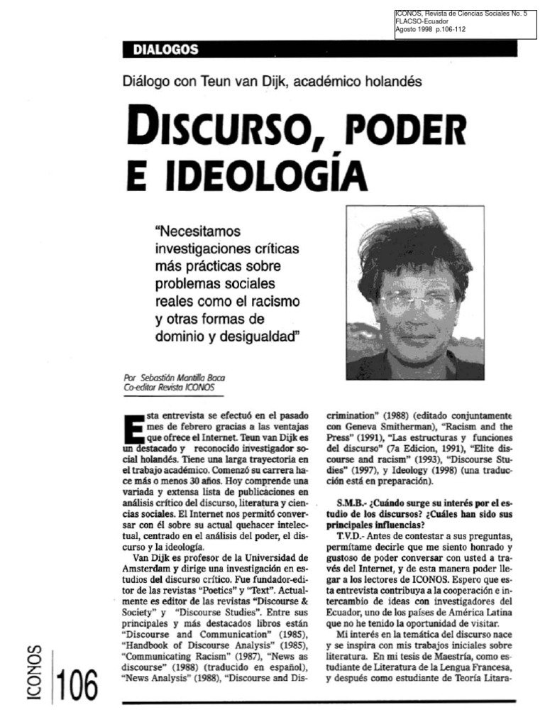 Diálogo. Discurso, Poder e Ideología. Entrevista A Van Dijk. Sebastián Mantilla | PDF | Ciencia ...