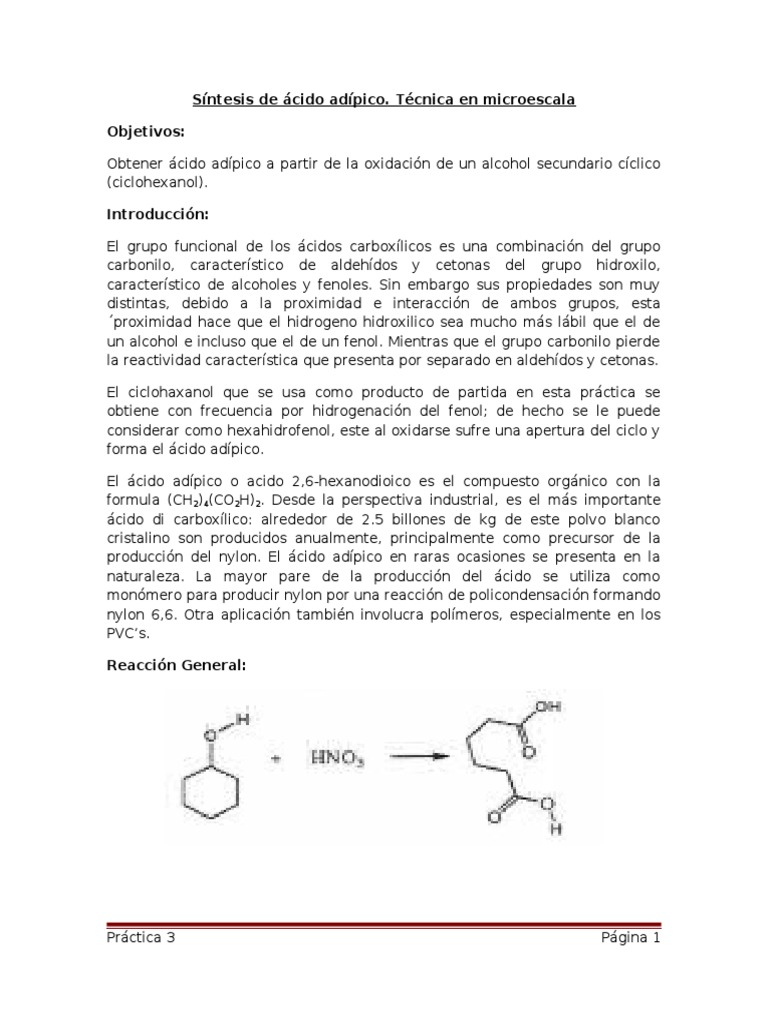 Síntesis de ácido adípico en microescala | PDF | Nylon | Reacciones ...