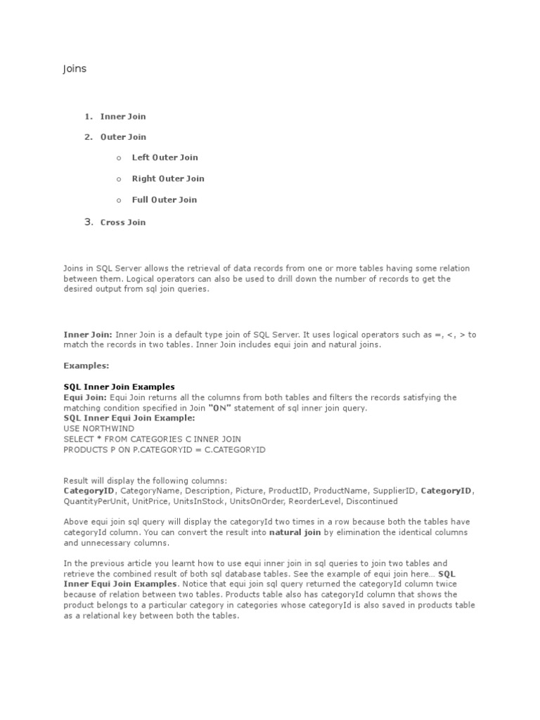 SQL Joins Query | PDF | Table (Database) | Data SQL Joins Query | PDF | Table (Database) | Data