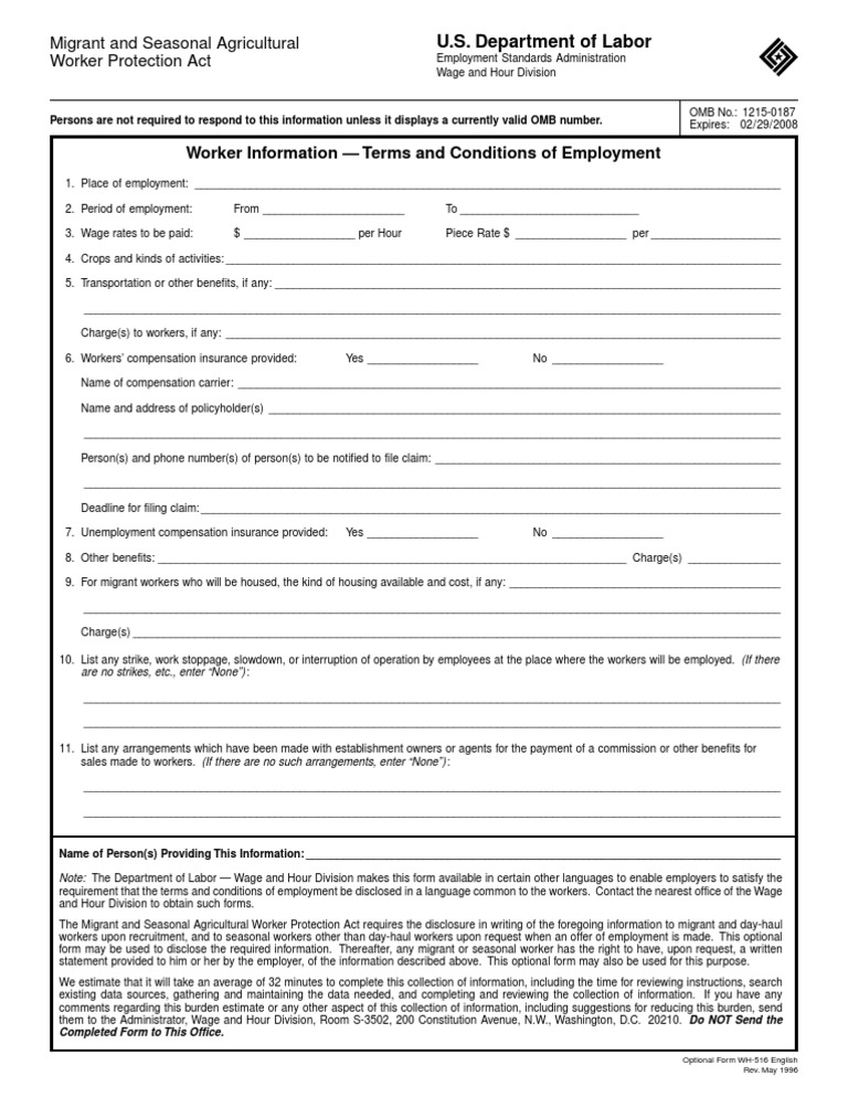 WH-516 Form for Migrant Workers | PDF | Migrant Worker | Employment