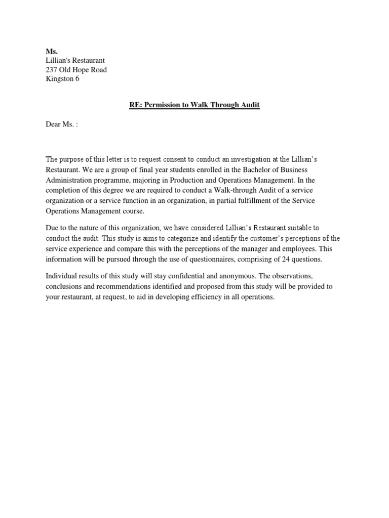Walk-Through Audit Request for Lillian's | PDF | Operations Management ...