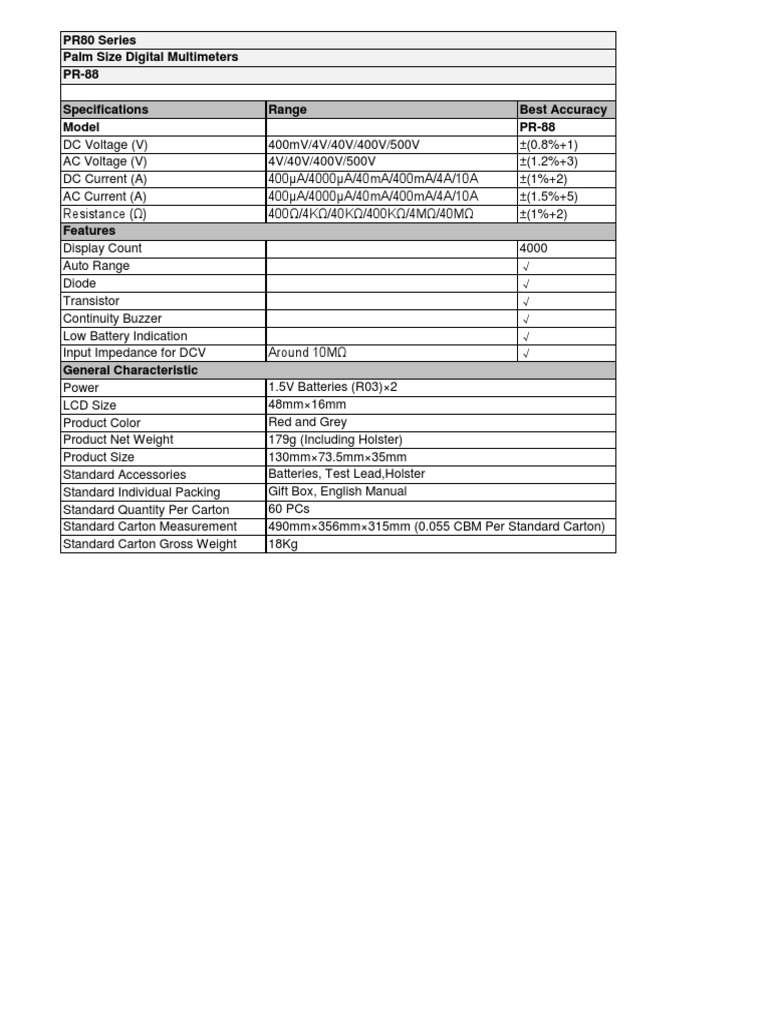 PR80 Series Palm Size Digital Multimeters PR-88 | PDF