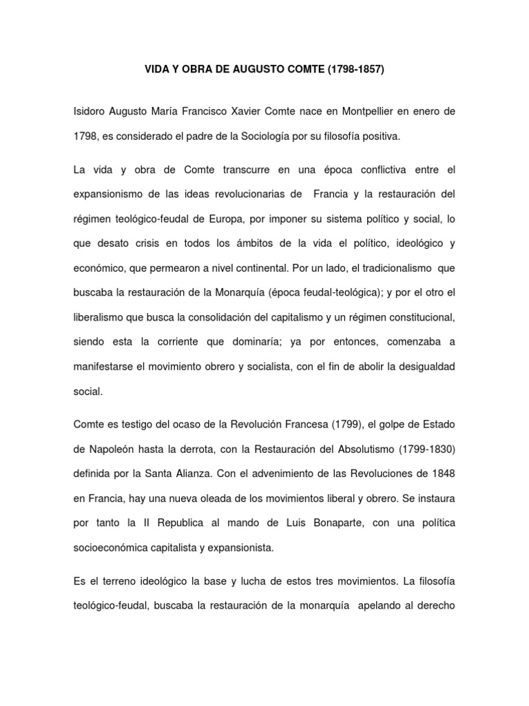 Vida y Obra de Augusto Comte | PDF | Positivismo | Socialismo