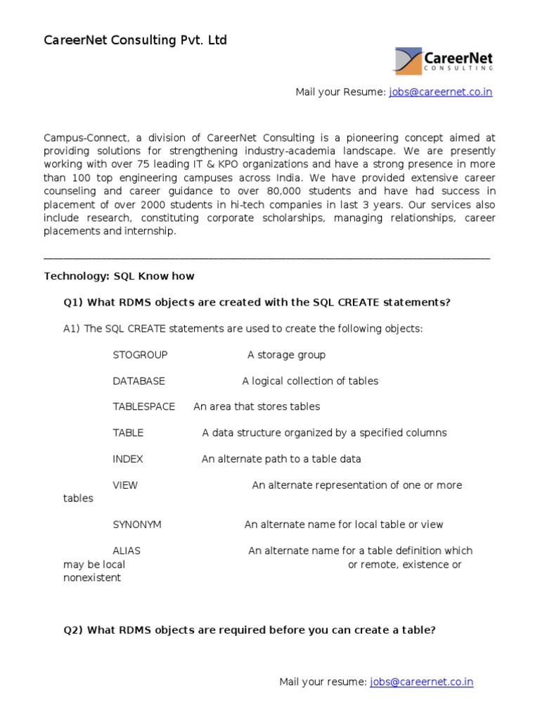 Placement Paper SQL | PDF | Sql | Relational Database