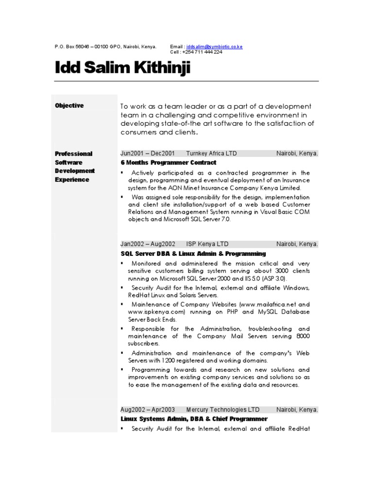 Idd Salim CV FULL March - 11 - 2009 | PDF | Linux | Server (Computing)