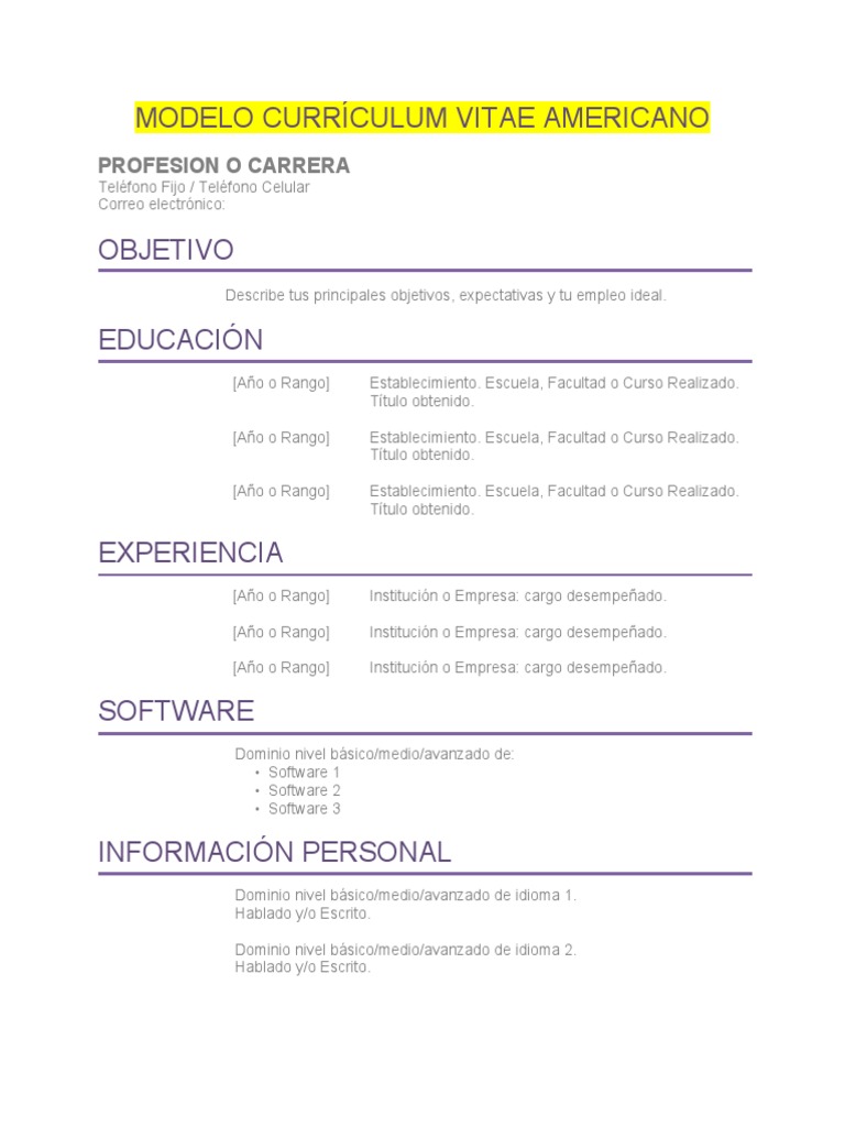 Plantilla de CV Americano Completo | PDF | Crecimiento personal y ...