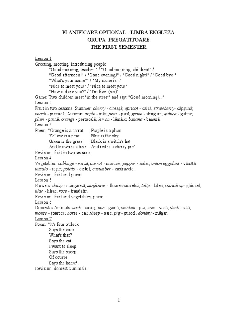 Planificare Optional - Limba Engleza Grupa Pregatitoare The First Semester | PDF | Fruit