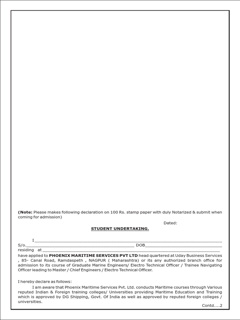 (Note: Please Makes Following Declaration On 100 Rs. Stamp Paper With ...