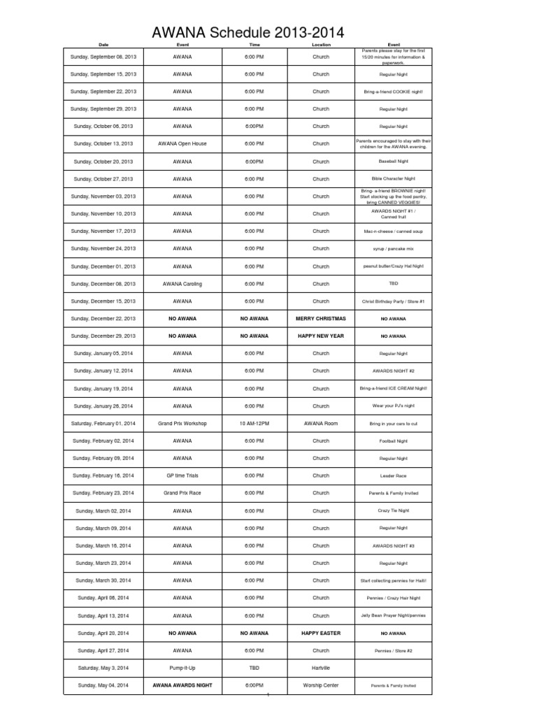 AWANA Schedule 2013-2014 Events | PDF | Religion & Spirituality