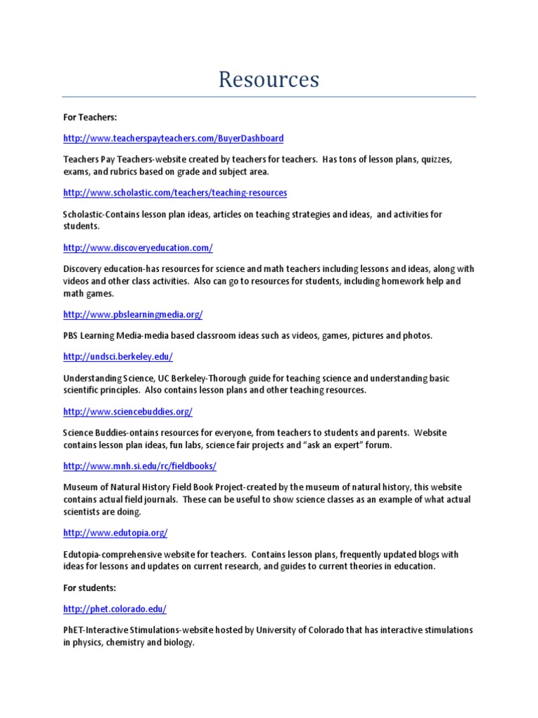 Resources For Website | PDF | Lesson Plan | Scientist