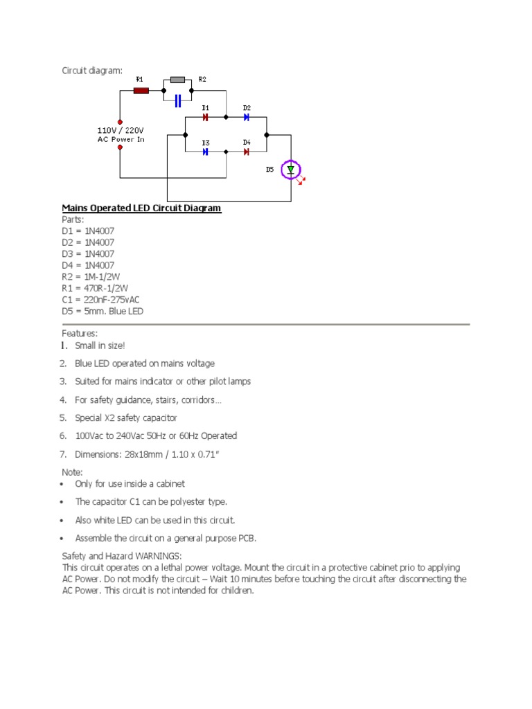 Mains Operated LED Circuit Diagram | PDF