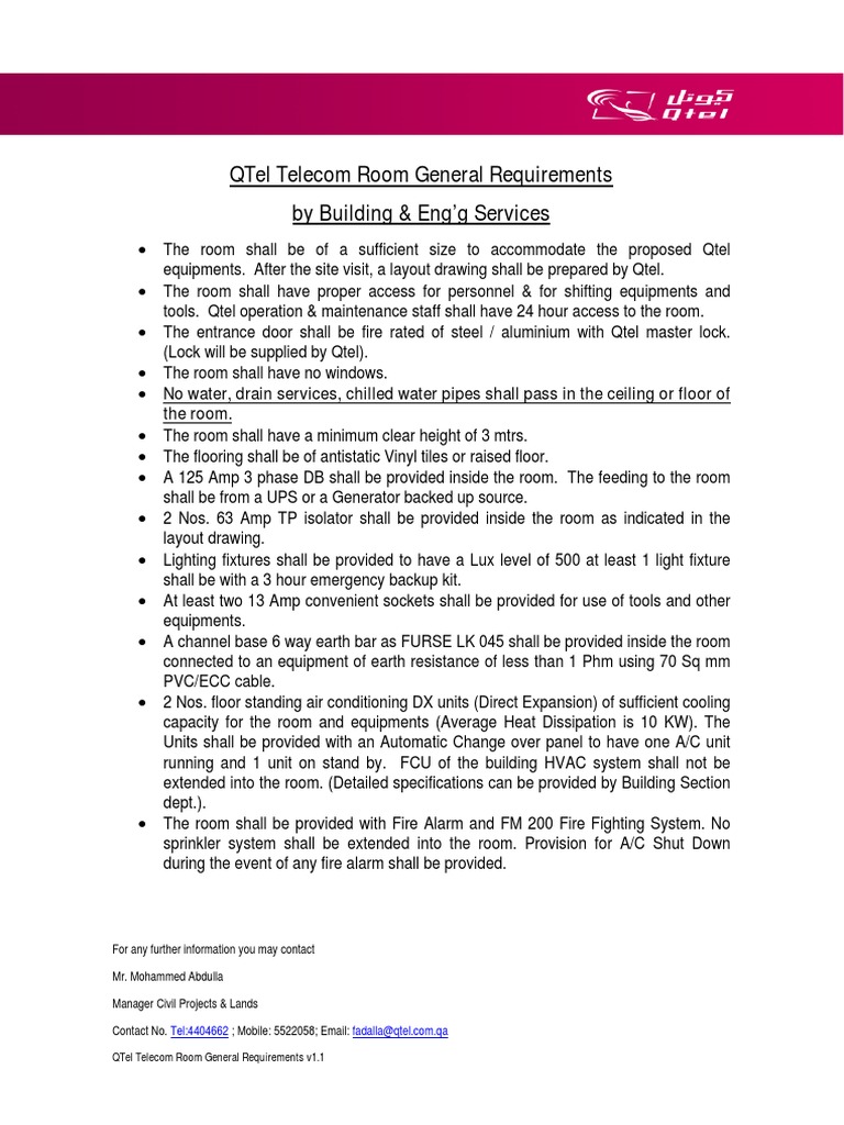 QTel Telecom Room General Requirements | PDF | Heating, Ventilating ...