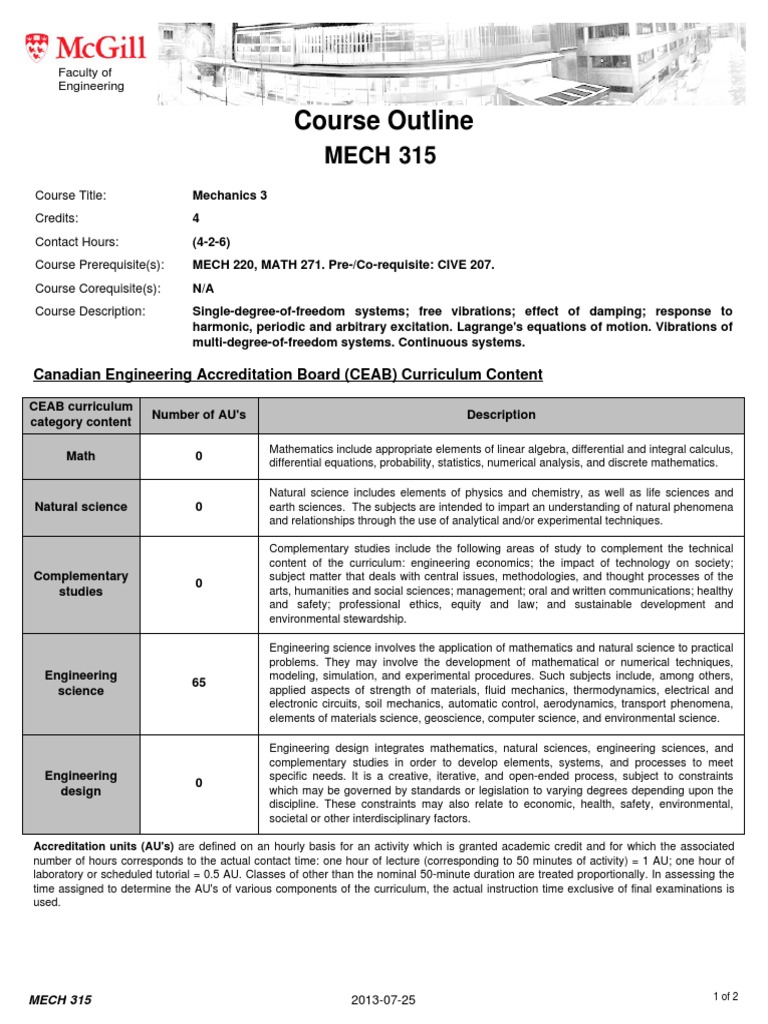 MECH 315 Course Outline F2013 | PDF | Engineering | Natural Sciences