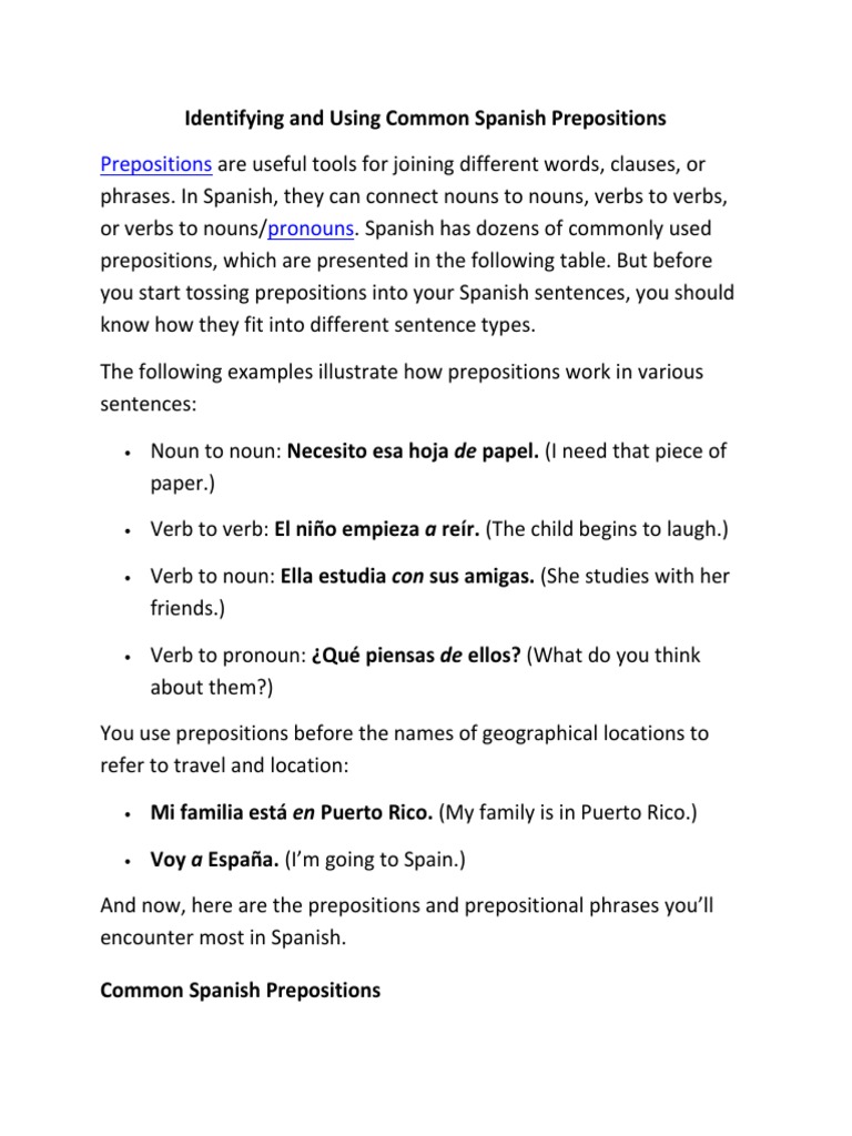 Identifying and Using Common Spanish Prepositions | PDF