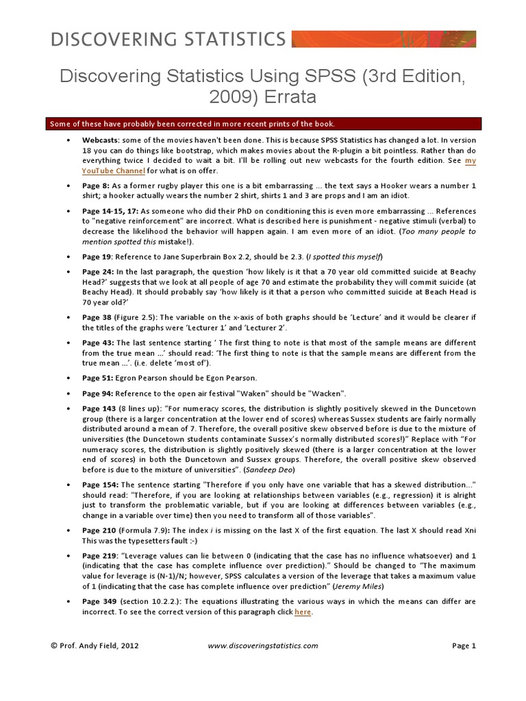 Discovering Statistics Using SPSS (3rd Edition, 2009) Errata | PDF ...