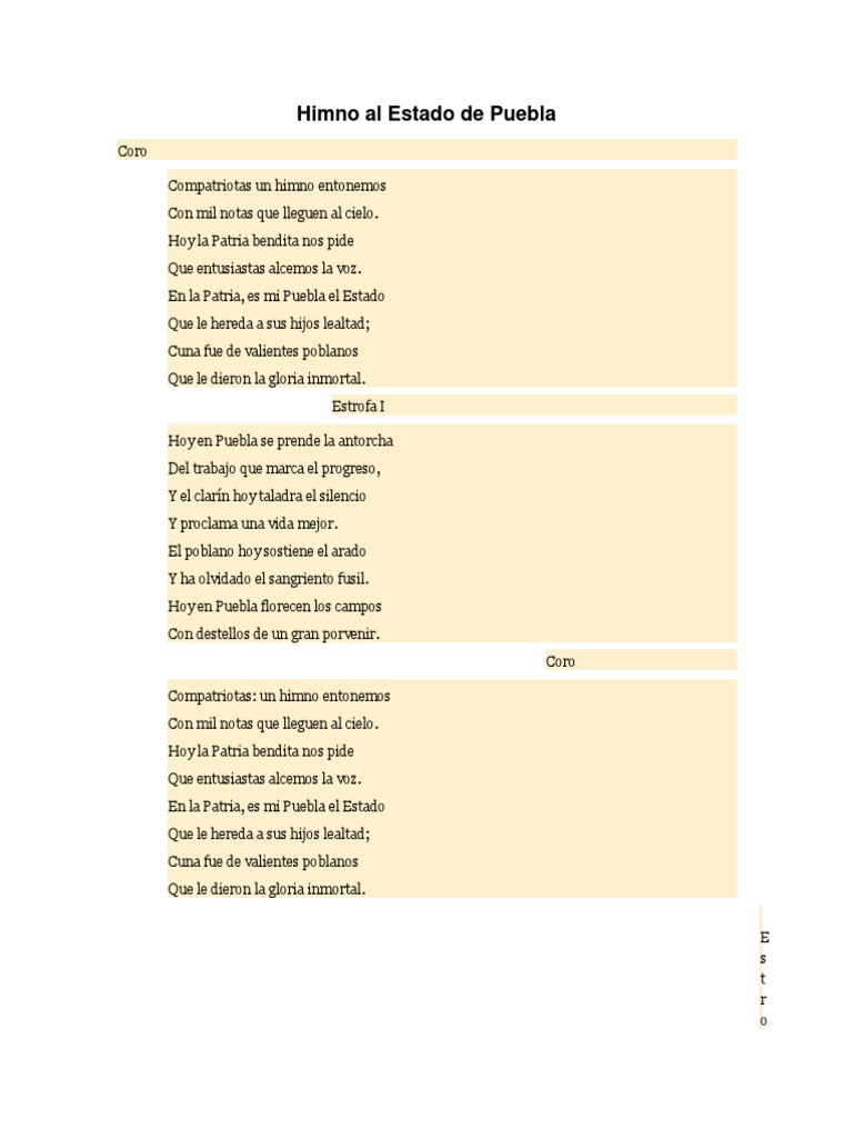 Letra del Himno al Estado de Puebla | PDF