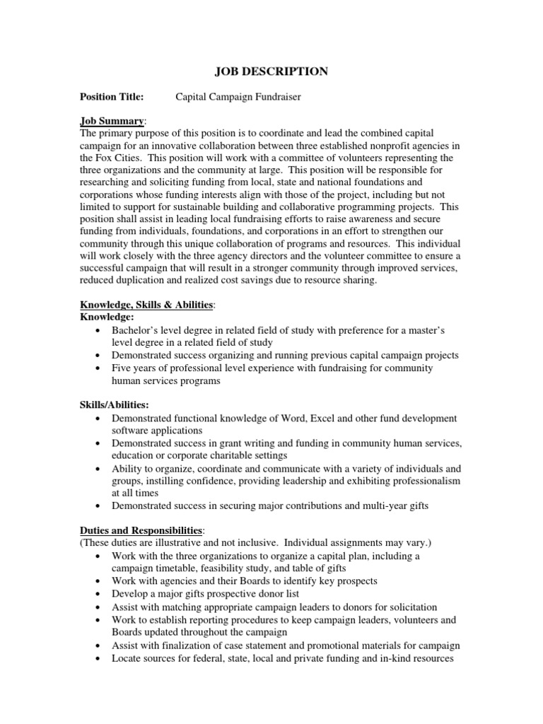 JOB Description Capital Campaign Fundraiser 1 Fundraising Public 