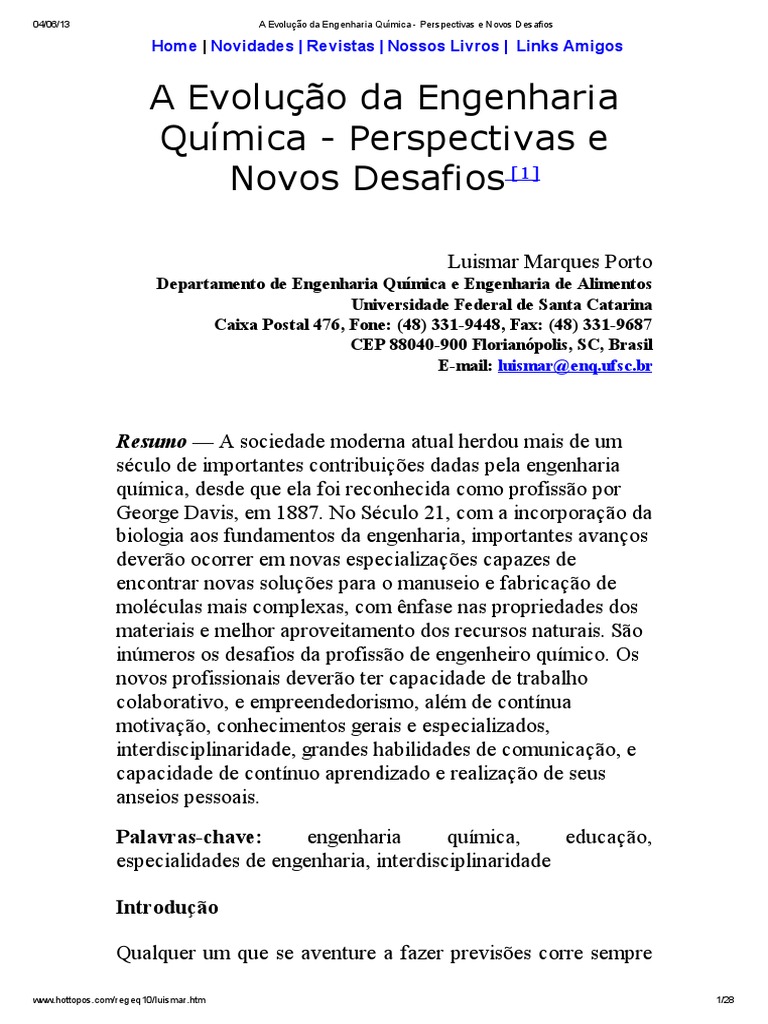 A Evolução Da Engenharia Química Perspectivas E Novos Desafios Pdf