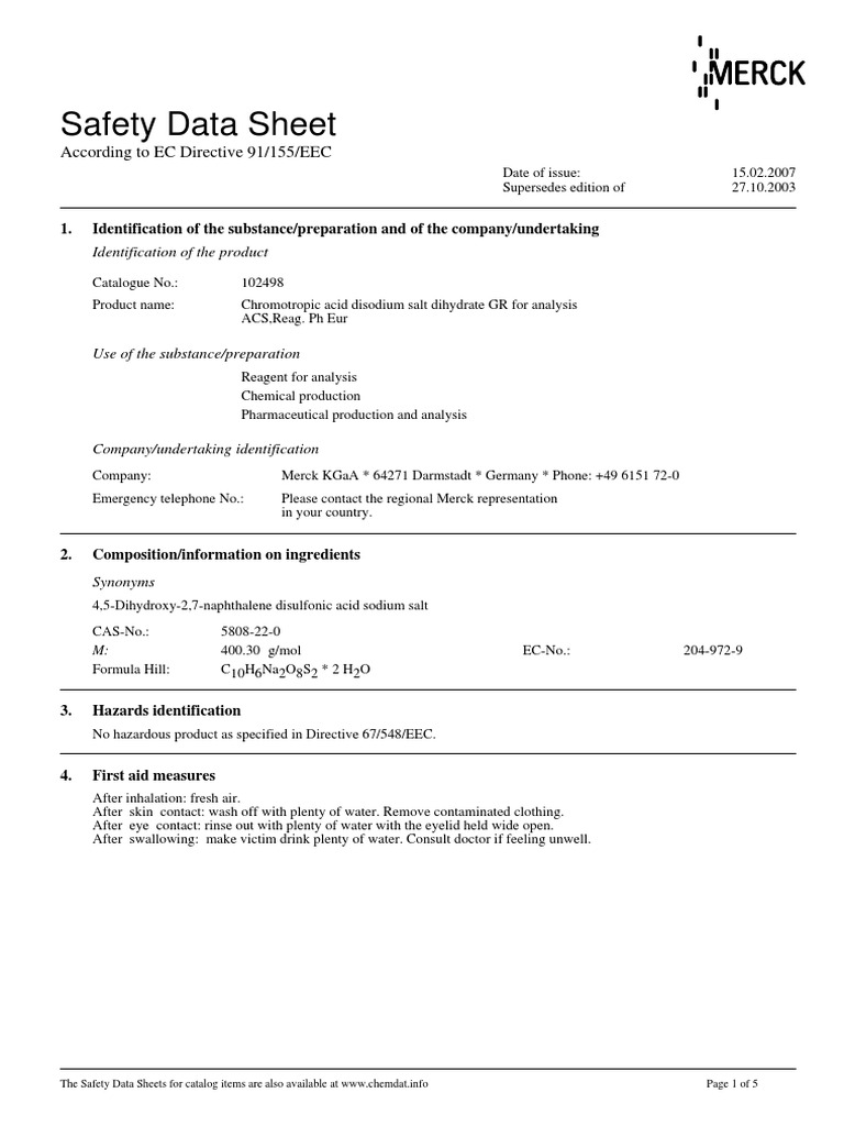 Chromotropic Acid Msds | PDF | Personal Protective Equipment | Chemical ...