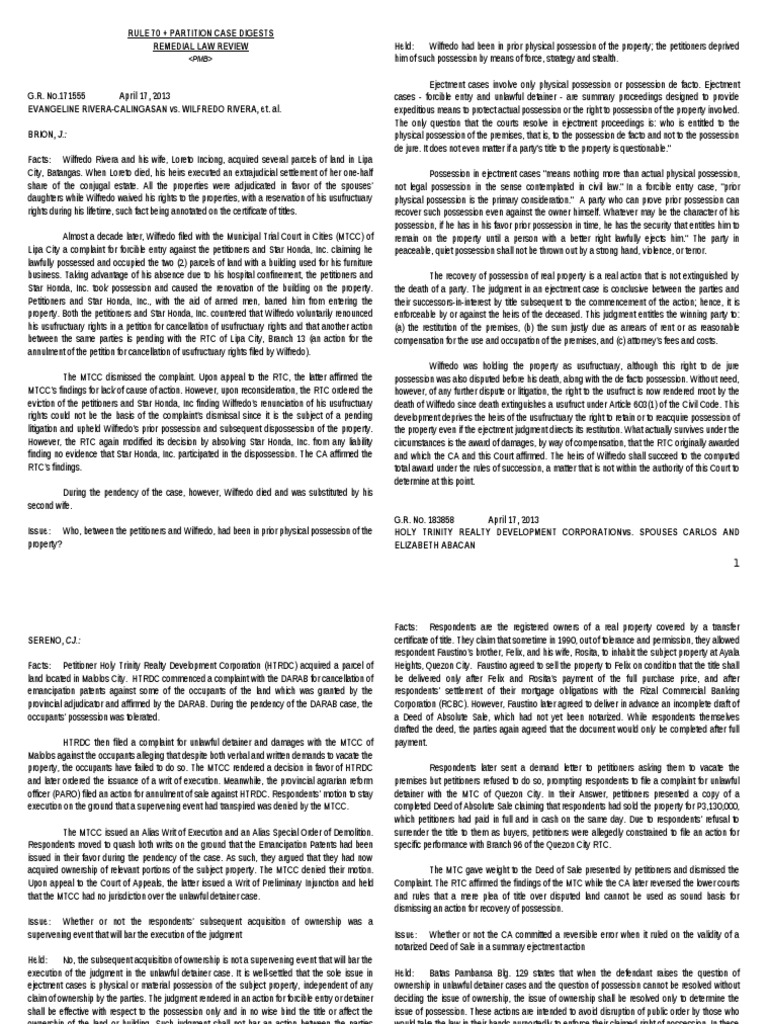 Case Digests - Rule 70 + Partition Civil Procedure | PDF | Eviction ...