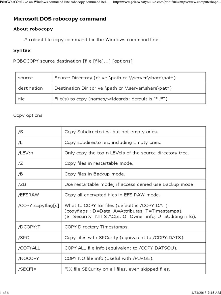 MS-DOS Robocopy Command | PDF | Computer File | Information Science
