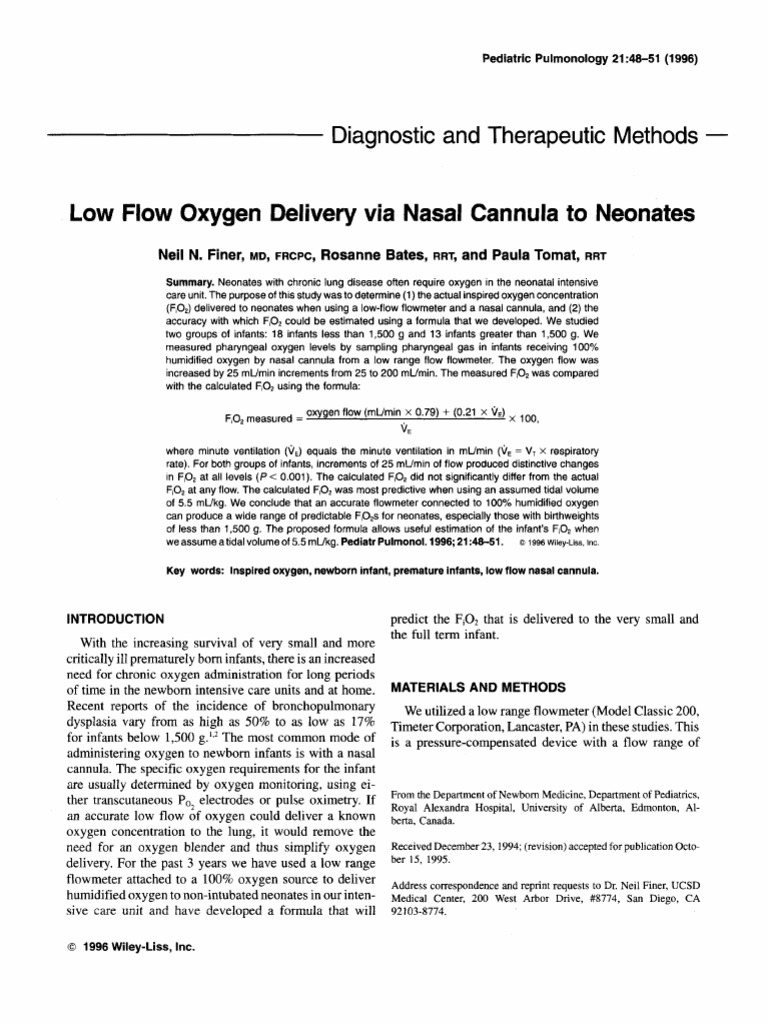 Low Flow Oxygen Delivery Via Nasal Cannula To Neonates | PDF | Flow ...