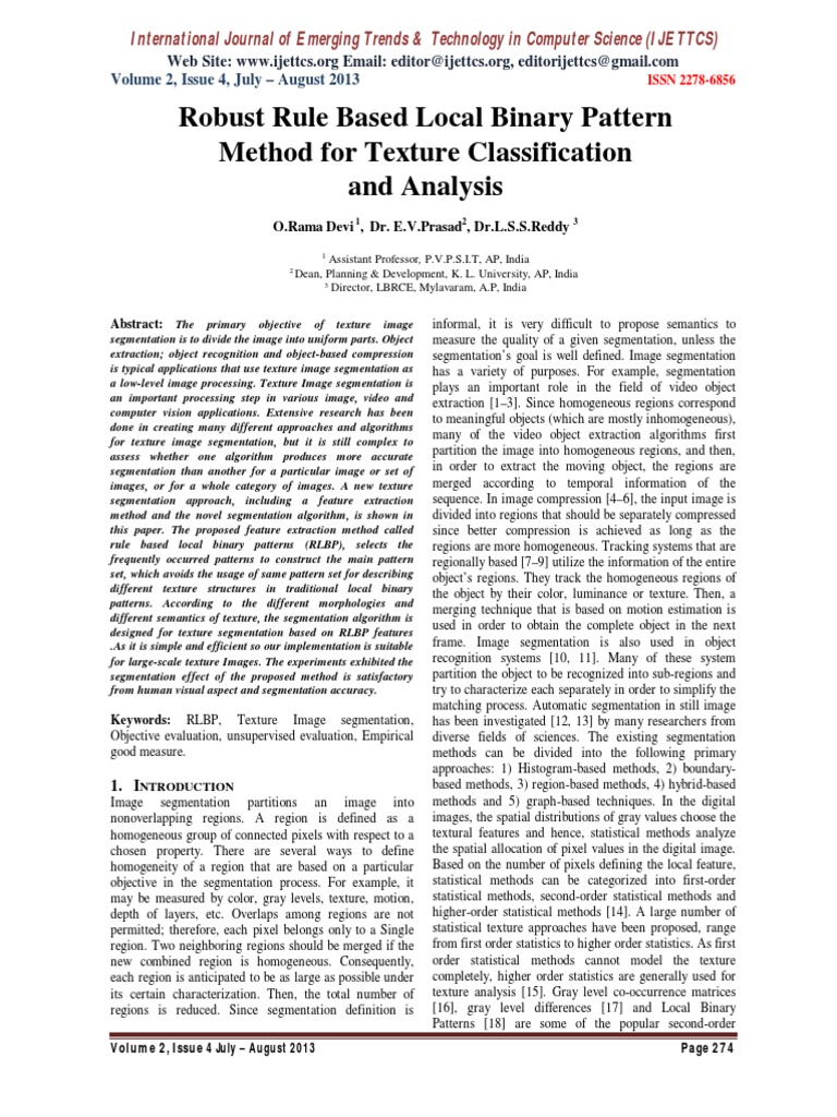 Robust Rule Based Local Binary Pattern Method For Texture Classification And Analysis Pdf