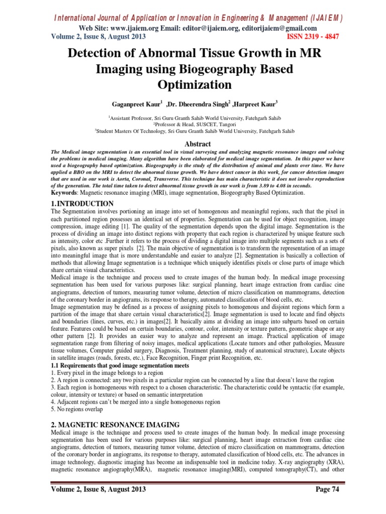 Detection of Abnormal Tissue Growth in MR Imaging Using Biogeography Based Optimization | PDF ...