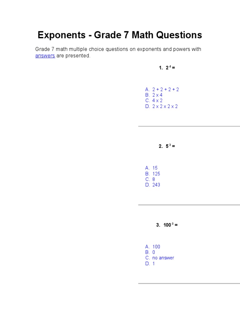 Grade 7 Math Exponents Questions: Multiple Choice Practice on ...