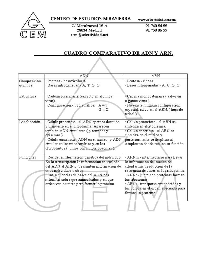 Cuadro Comparativo Del Adn y Arn | PDF