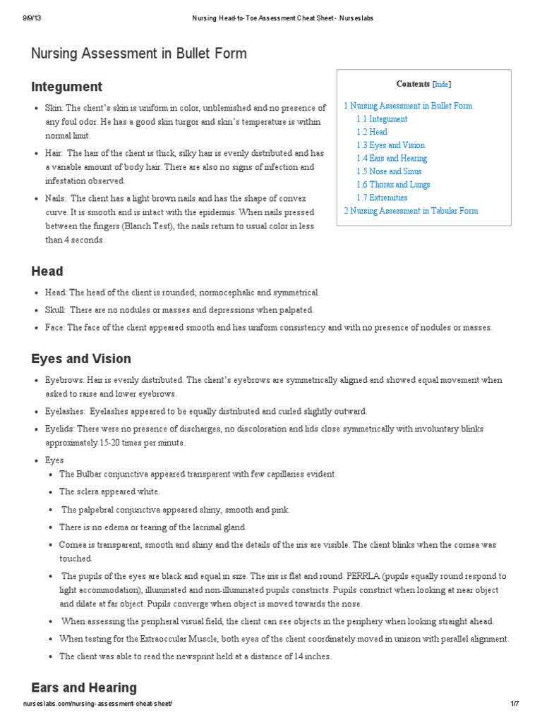 Nursing Head-to-Toe Assessment Cheat Sheet - Nurseslabs PDF | PDF ...