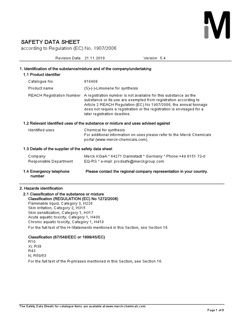Limonene Msds | PDF | Toxicity | Personal Protective Equipment
