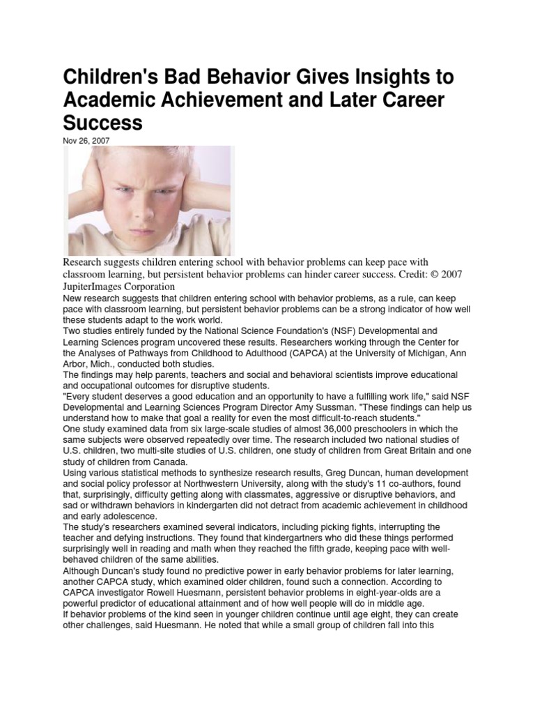 Children's Bad Behavior Gives Insights To Academic Achievement and ...