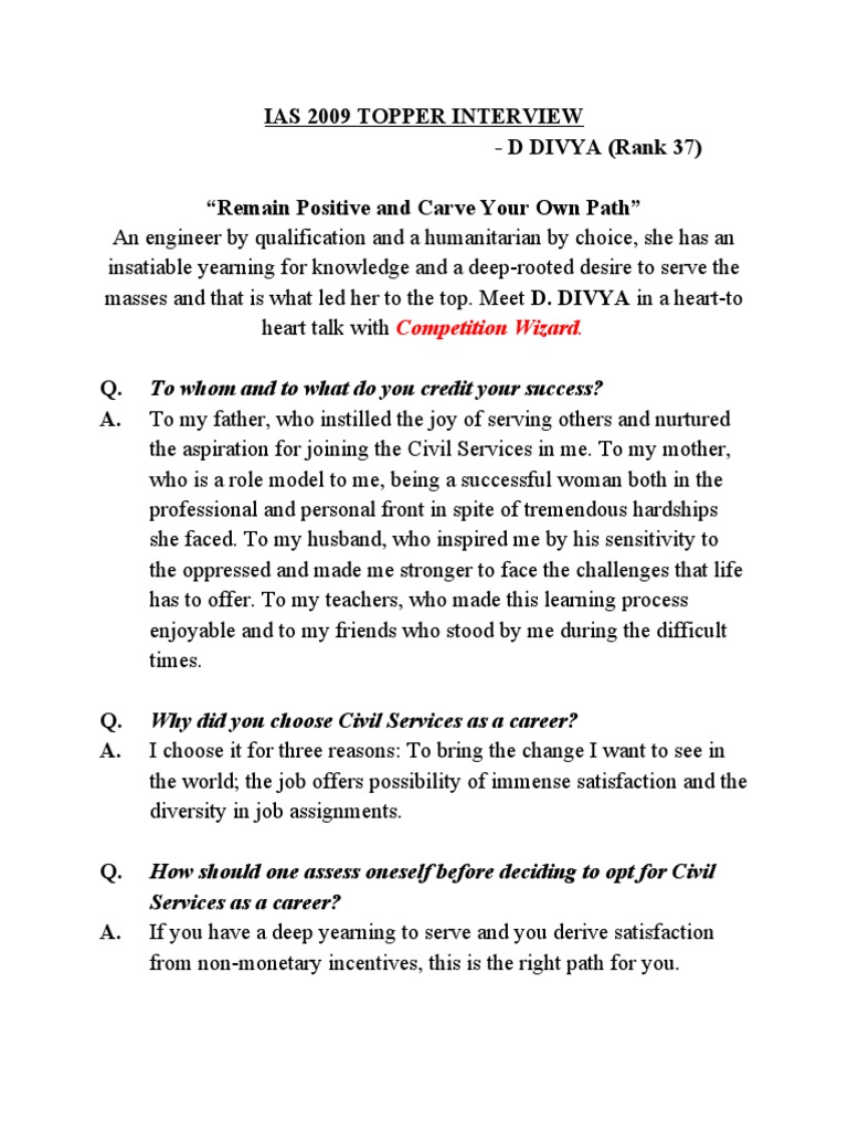 IAS Toppers Interview D Divya Rank 37 2009 Batch | PDF | George W. Bush ...