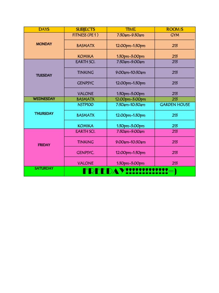 Weekly Class Schedule Overview | PDF