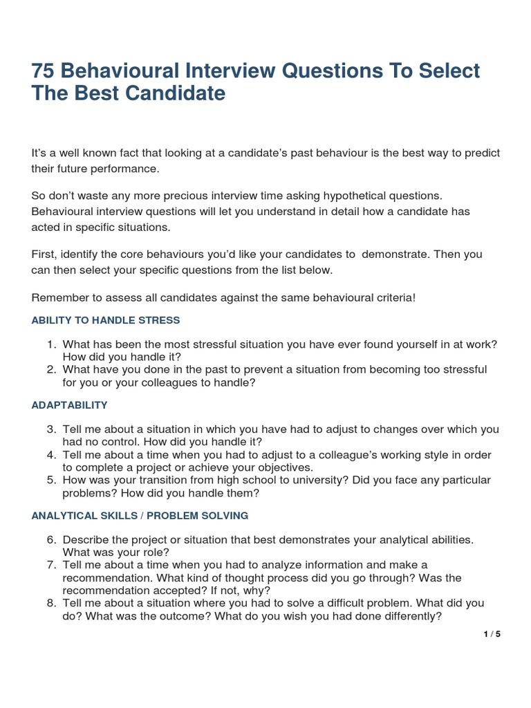 75 Behavioural Interview Questions To Select The Best Candidate | PDF ...