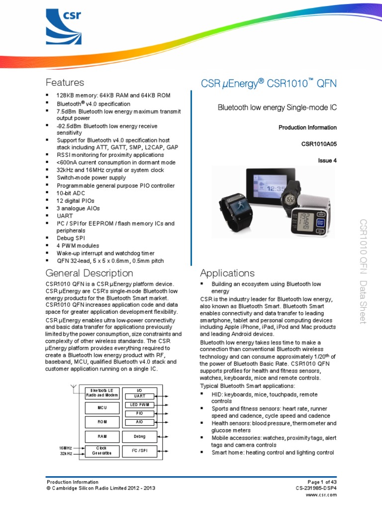 CSR1010 Data Sheet CS-231985-DS PDF | PDF | Microcontroller | Bluetooth