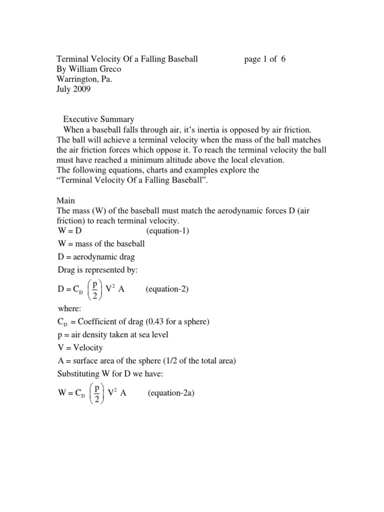 Terminal Velocity of a Baseball | PDF | Drag (Physics) | Force