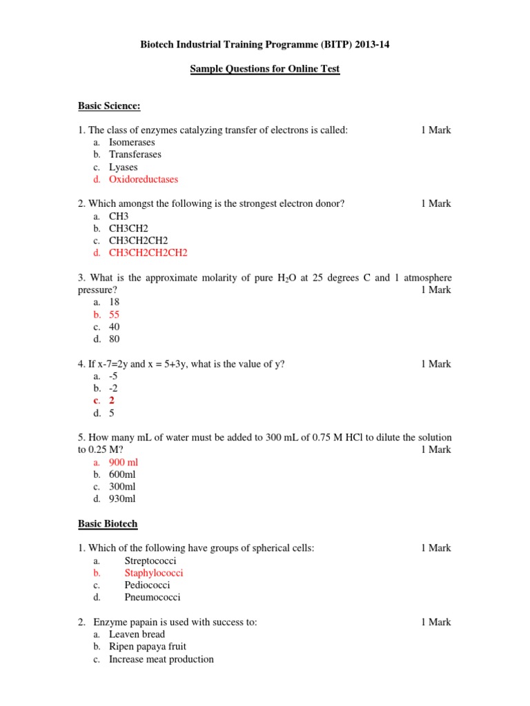 BITPonlinetest SampleQuestions | PDF | Dna | Proteins