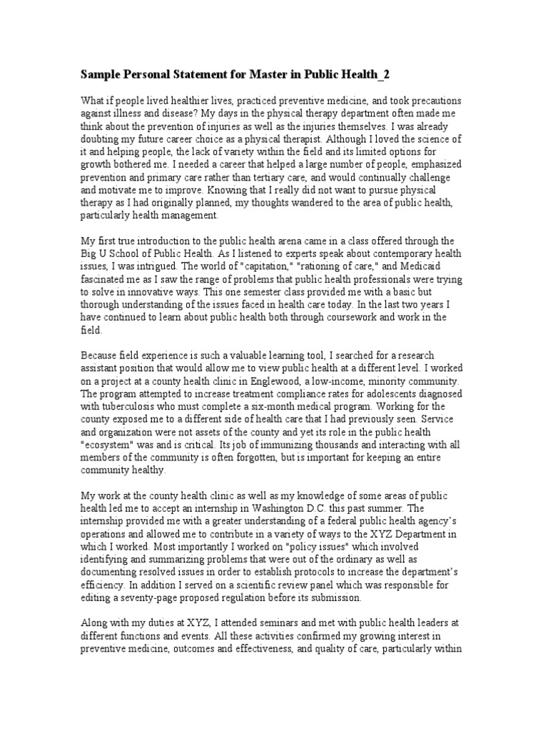 Public Health Masters Personal Statement | PDF | Public Health ...