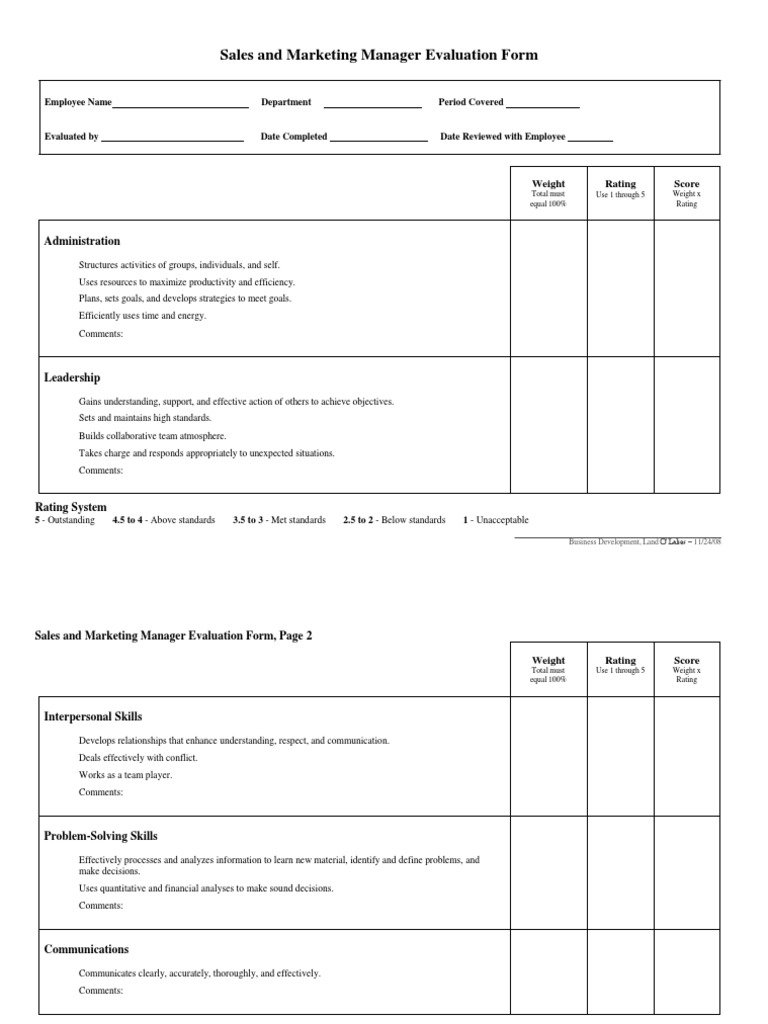 Sale Manager Evaluation DRAFT | Performance Appraisal | Sales